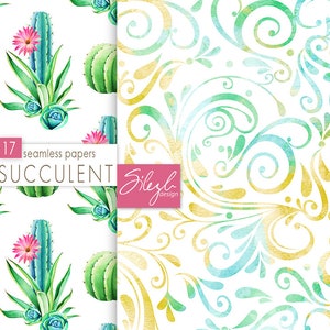 Digital Cactus Paper, Watercolor Succulent Papers, Seamless Cactus ...