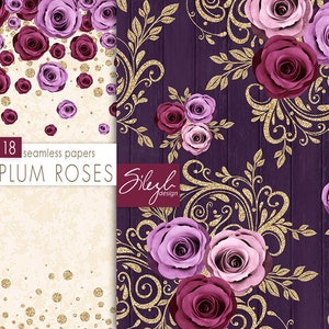 Floral Digital Paper, Purple Roses Seamless Pattern, Autumn Roses Paper ...
