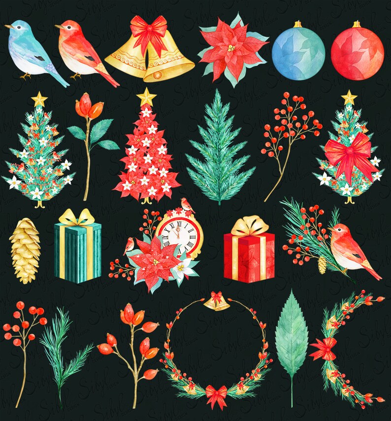 Watercolor Christmas Clipart Hand Painted Winter Clipart | Etsy