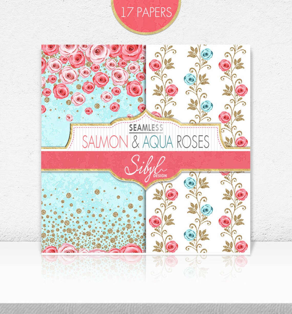 Floral Digital Paper, Salmon Pink and Aqua Roses Seamless Pattern ...