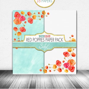 Floral Digital Paper, Red Poppy Flower Digital Paper, Spring Floral ...