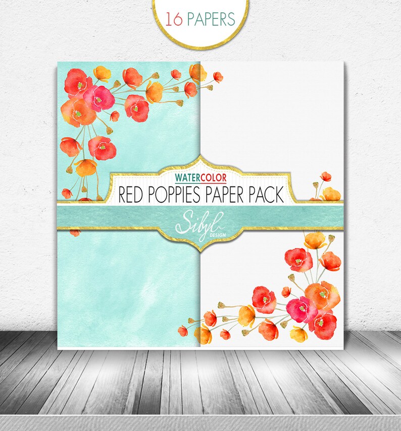 Floral Digital Paper, Red Poppy Flower Digital Paper, Spring Floral ...