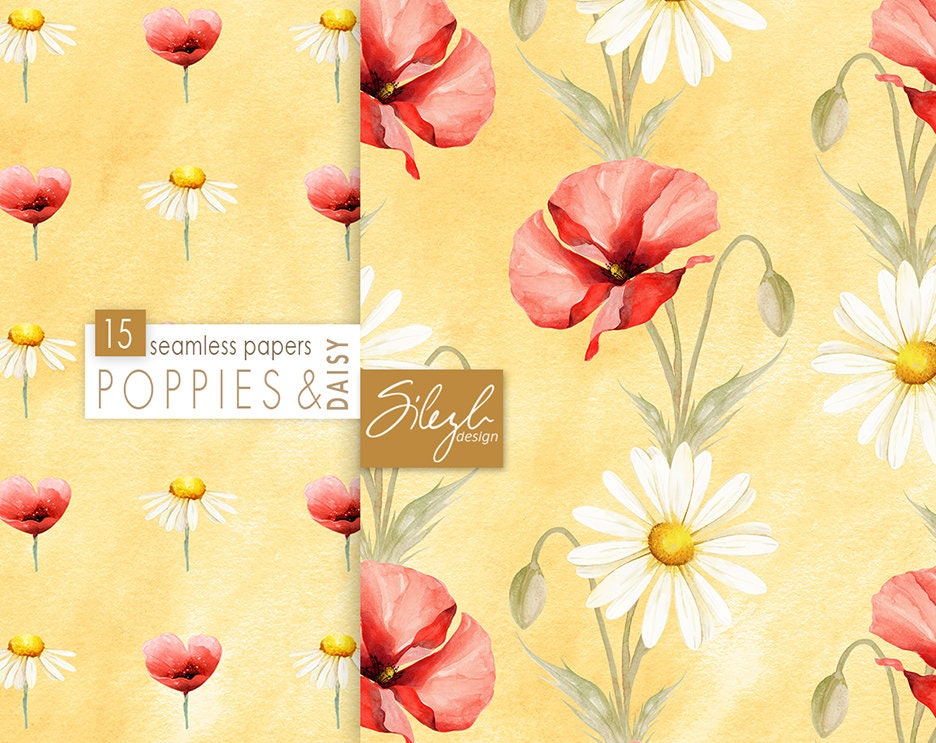 Digital Watercolor Floral Papers Red Poppy and Daisies Flower - Etsy