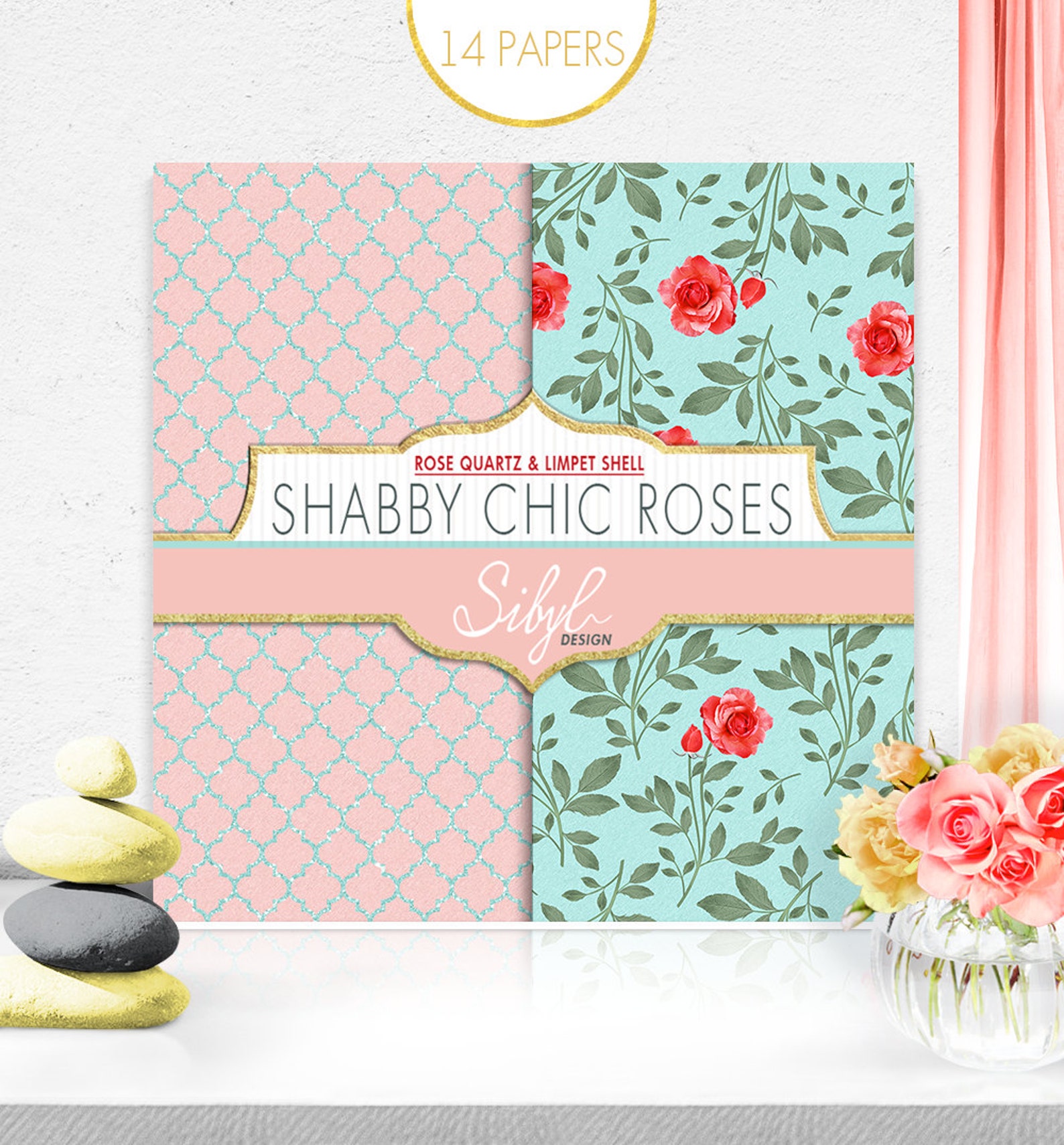 Floral Digital Paper, Shabby Chic Digital Paper, Shabby Chic Rose ...