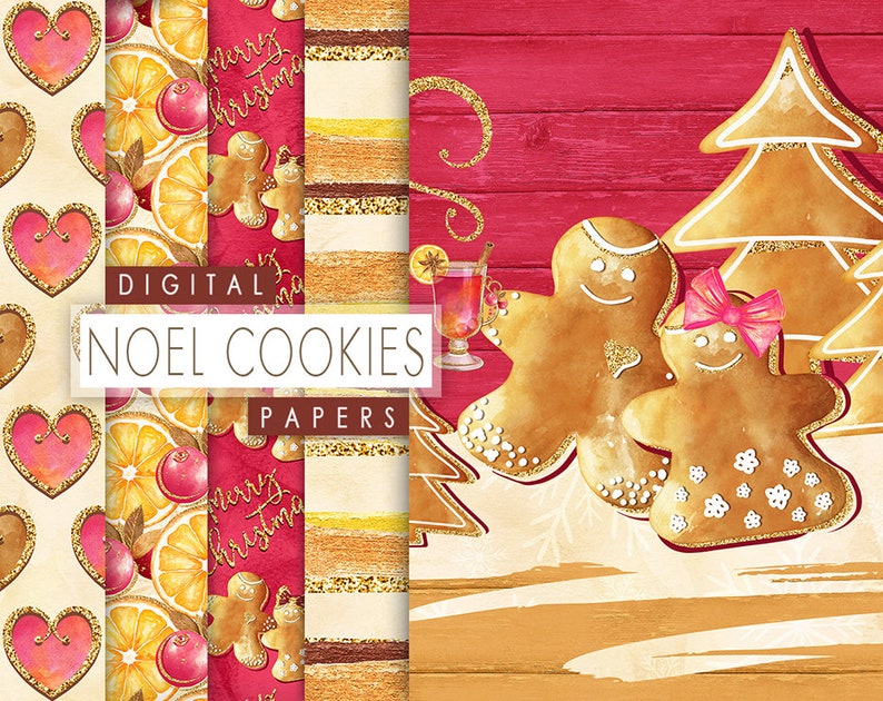 Digital Xmas Watercolor Paper, Seamless Noel Cookies Paper, Watercolor ...