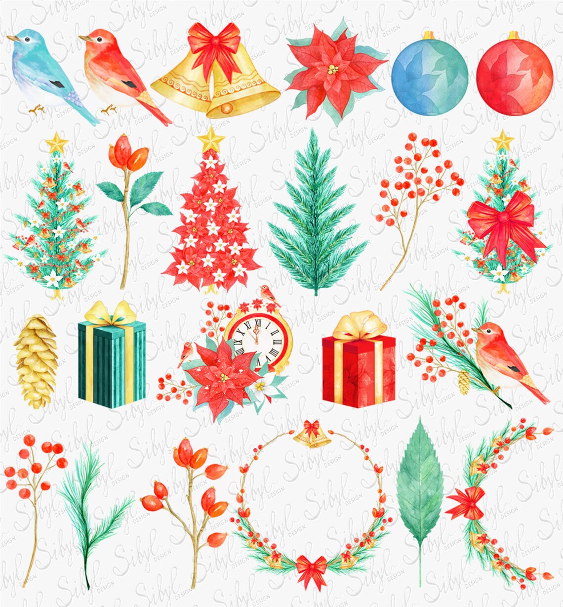 Watercolor Christmas Clipart, Hand Painted Winter Clipart, Winter Birds, Christmas Wreath, Diy ...