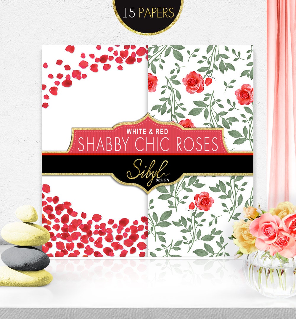 Floral Digital Paper Shabby Chic Red Roses Papers Wedding - Etsy
