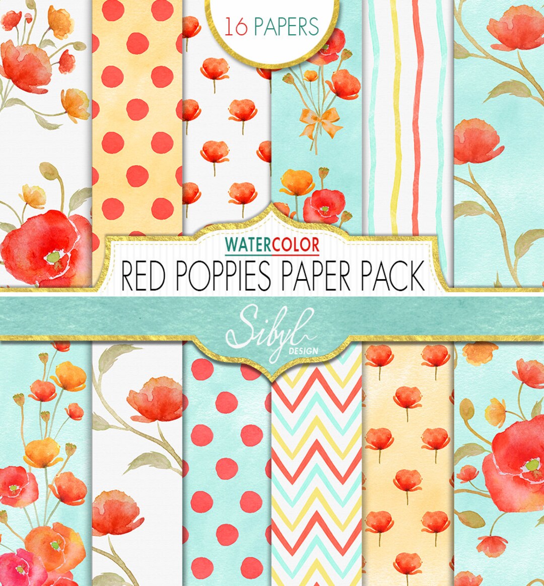 Floral Digital Paper, Red Poppy Flower Digital Paper, Spring Floral ...