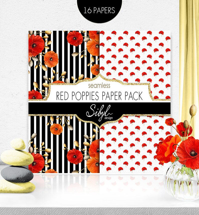 Seamless Red Poppies Digital Paper, Poppy Floral Digital Paper, Red ...