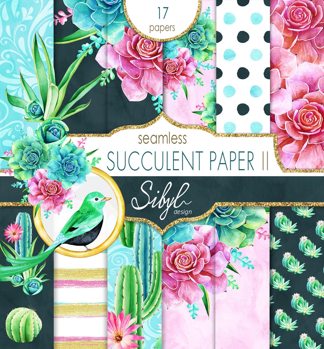 Digital Floral Paper, Watercolor Succulent Papers II, Digital Cactus ...