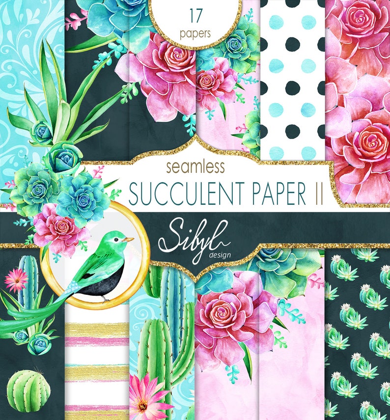 Digital Floral Paper Watercolor Succulent Papers II Digital - Etsy