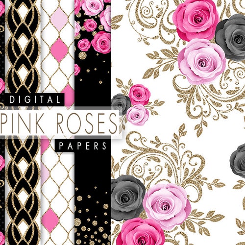 Hot Pink and Black Paper Pack Digital Papers Scrapbooking - Etsy Australia