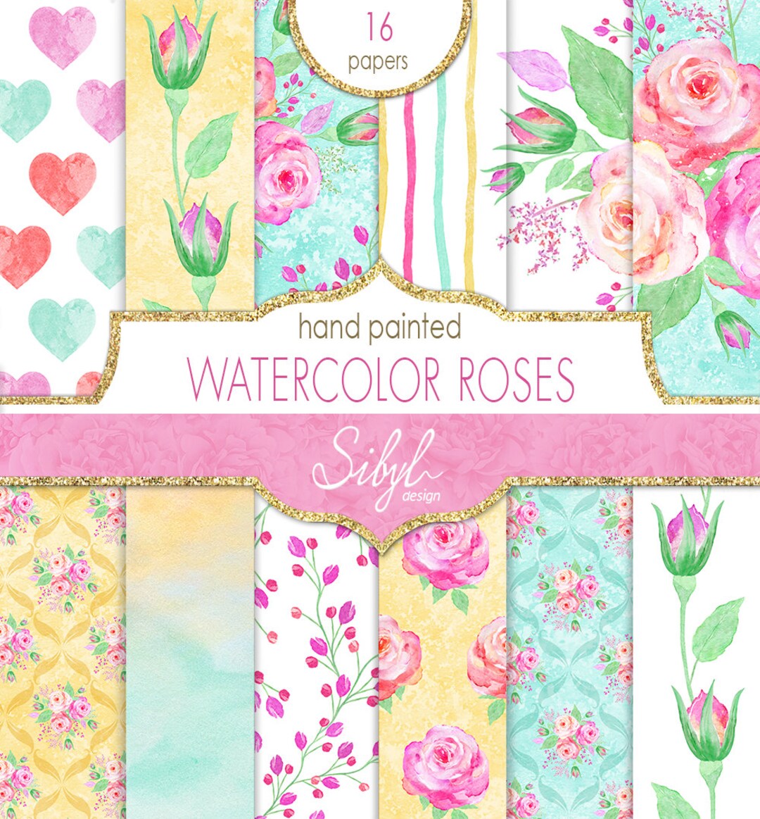 Digital Watercolor Floral Paper Pack, Watercolor Roses Digital Paper ...