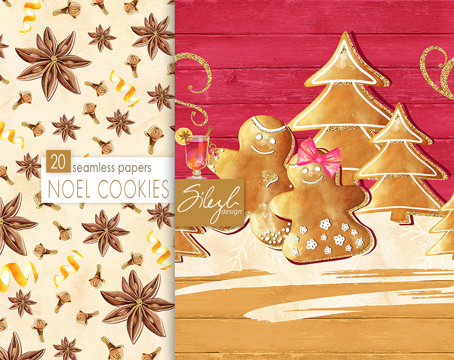 Digital Xmas Watercolor Paper, Seamless Noel Cookies Paper, Watercolor ...