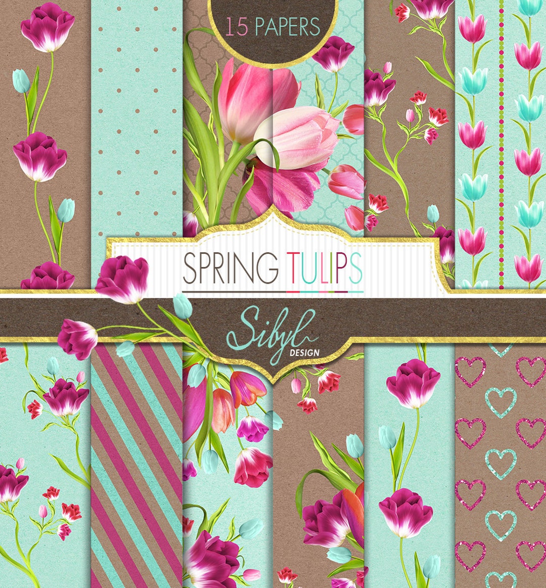 Spring Floral Digital Papers, Tulip Blossom Digital Paper, Teal ...