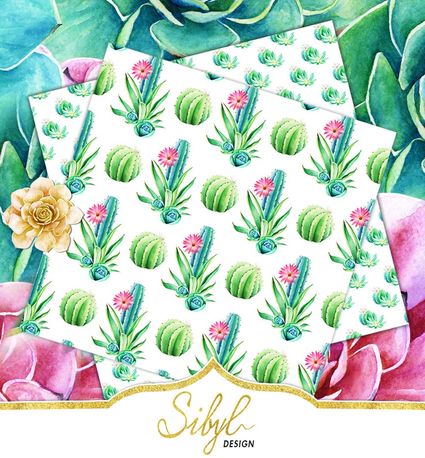 Digital Cactus Paper Watercolor Succulent Papers Seamless | Etsy