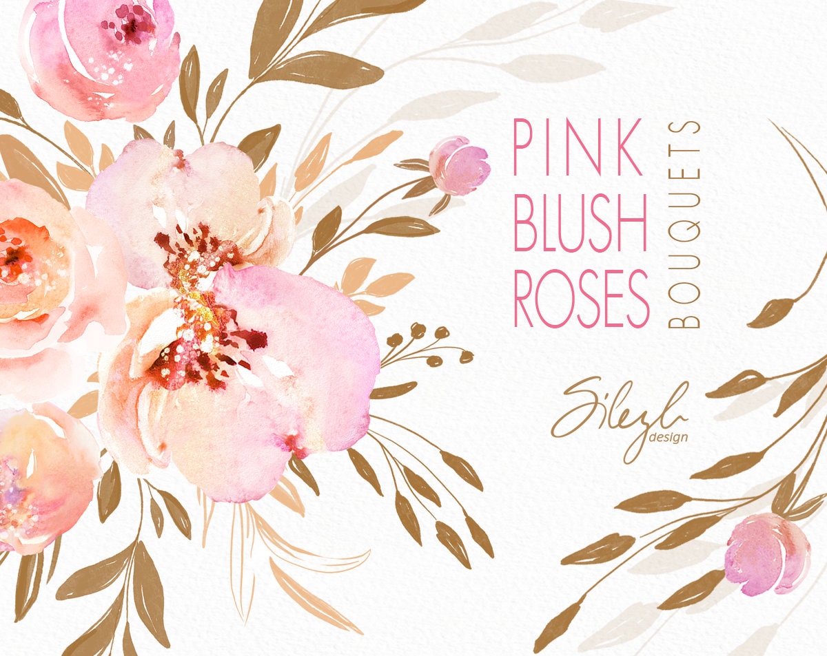 Pink Blush Watercolor Flowers Clipart, Blush Roses Bouquets Wreath ...