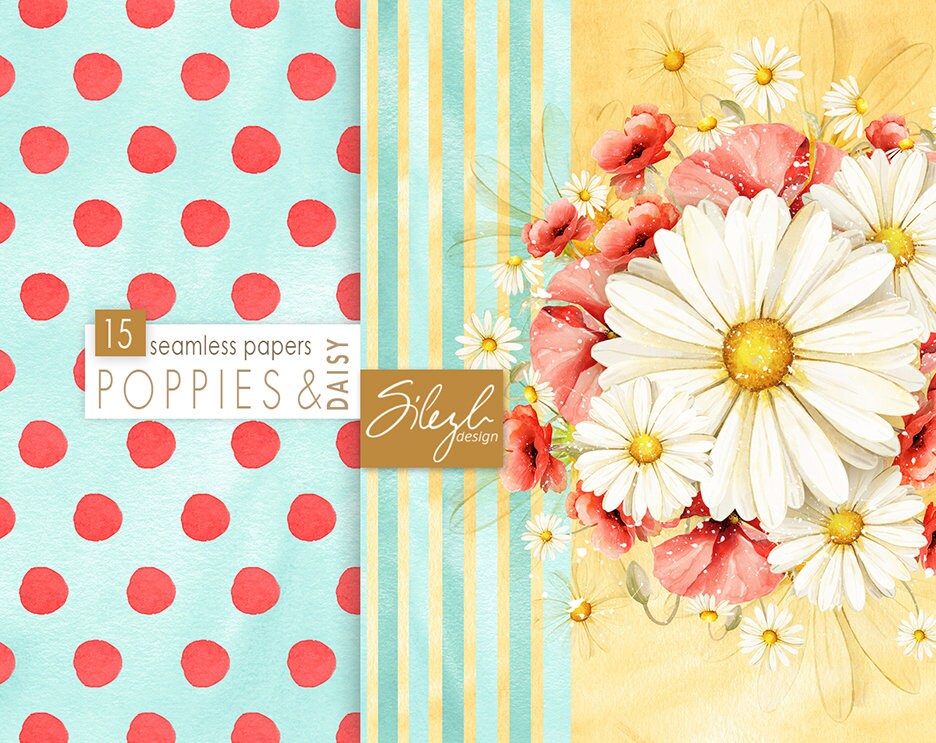 Digital Watercolor Floral Papers Red Poppy and Daisies Flower - Etsy