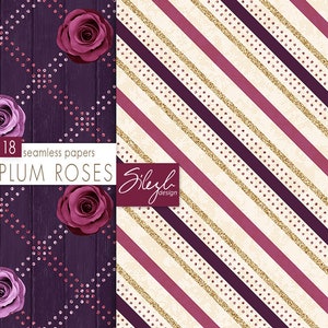 Floral Digital Paper, Purple Roses Seamless Pattern, Autumn Roses Paper ...