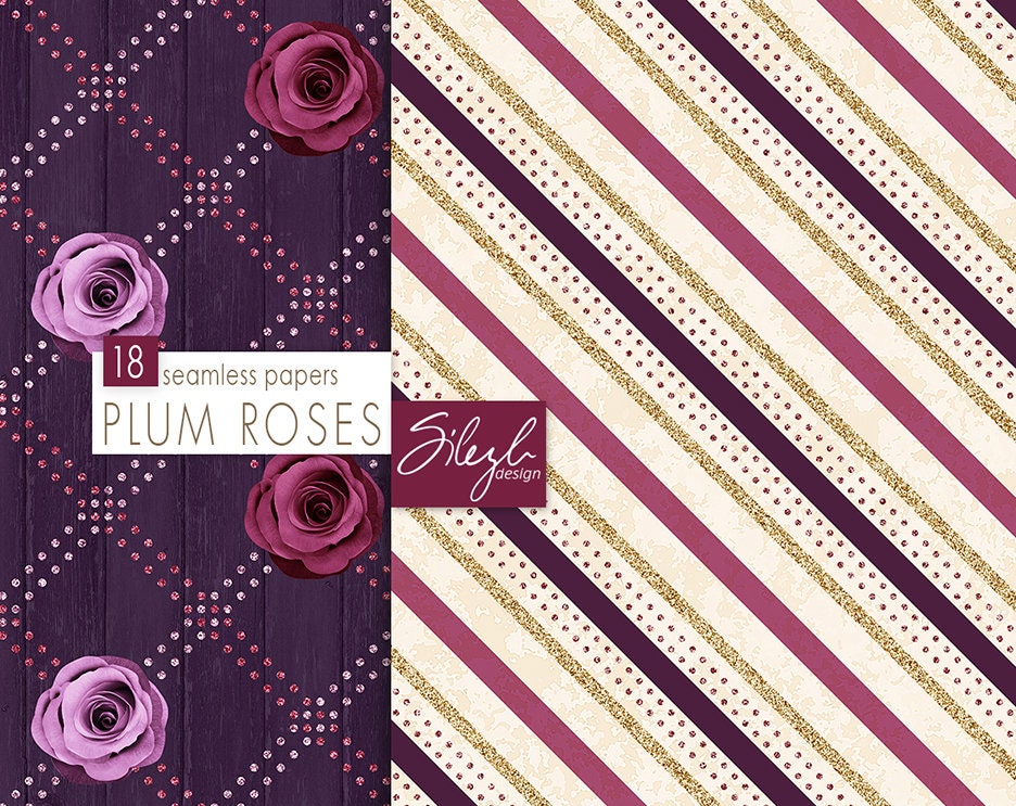 Floral Digital Paper, Purple Roses Seamless Pattern, Autumn Roses Paper ...