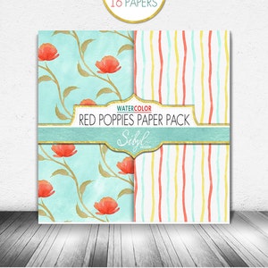 Floral Digital Paper, Red Poppy Flower Digital Paper, Spring Floral ...
