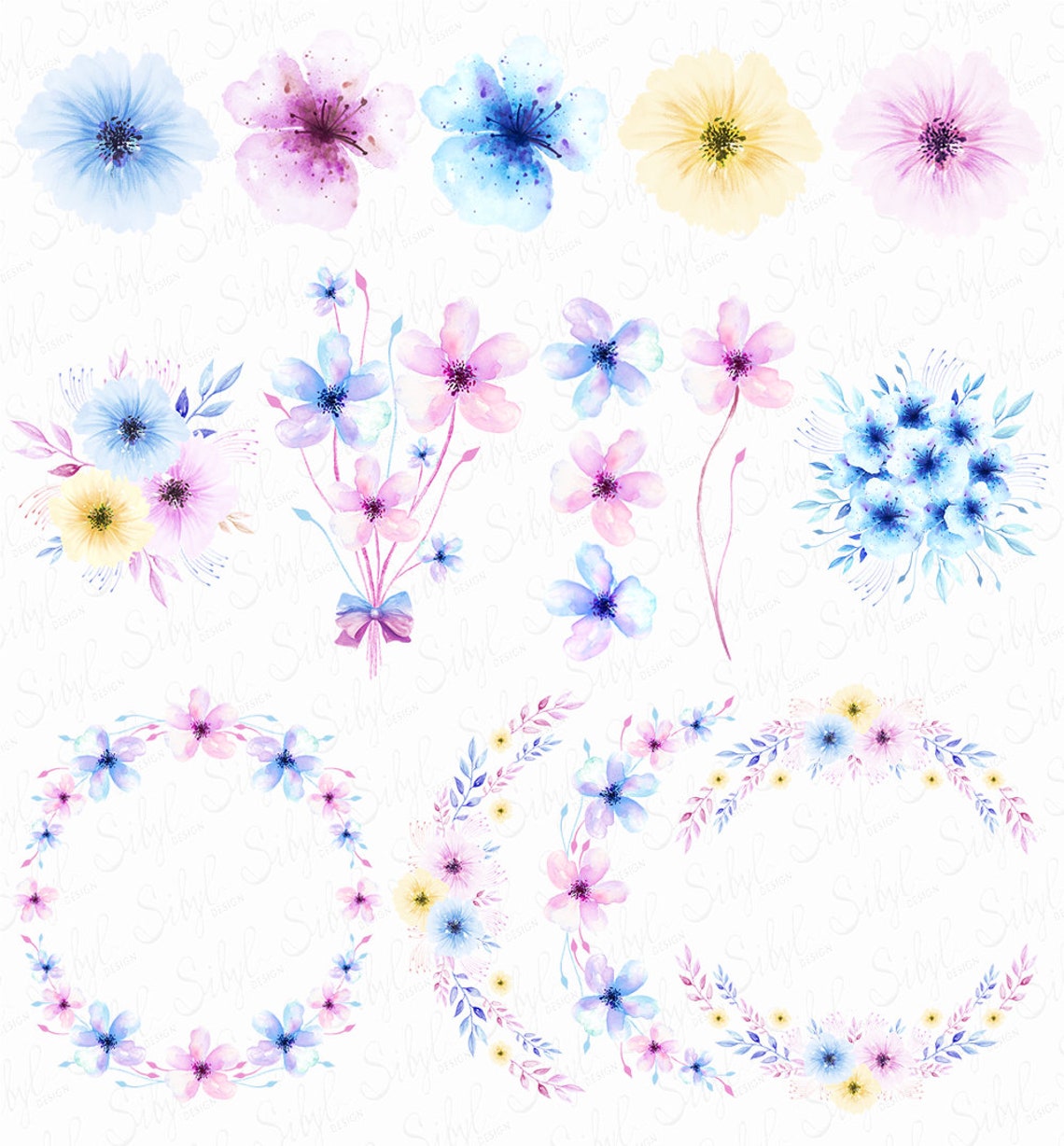 Digital Watercolor Floral Clipart, Pastel Flowers Bouquets, Watercolor ...