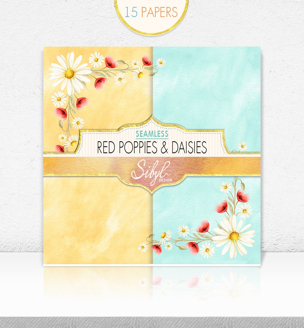 Digital Watercolor Floral Papers Red Poppy and Daisies Flower | Etsy