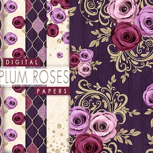 Floral Digital Paper, Purple Roses Seamless Pattern, Autumn Roses Paper ...