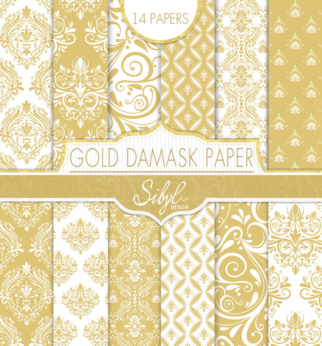 Damask Digital Paper, Gold Damask Wedding Digital Paper, Gold and White ...