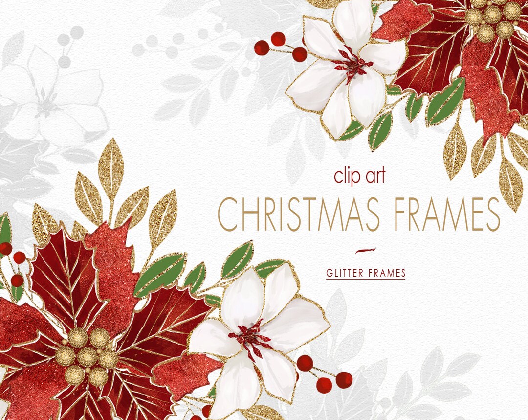 Digital Christmas Frames Clipart, Poinsettia Clipart, Christmas Wreath ...