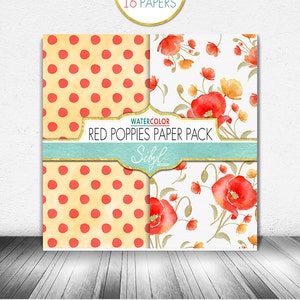 Floral Digital Paper, Red Poppy Flower Digital Paper, Spring Floral ...