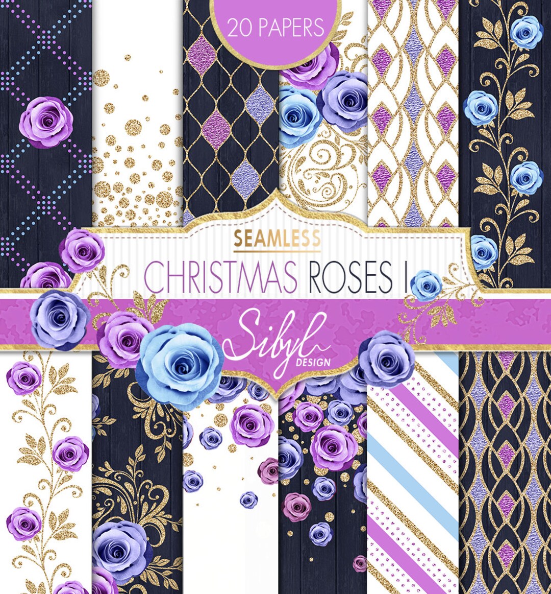 Floral Digital Paper, Christmas Roses Seamless Pattern I, Purple Roses ...