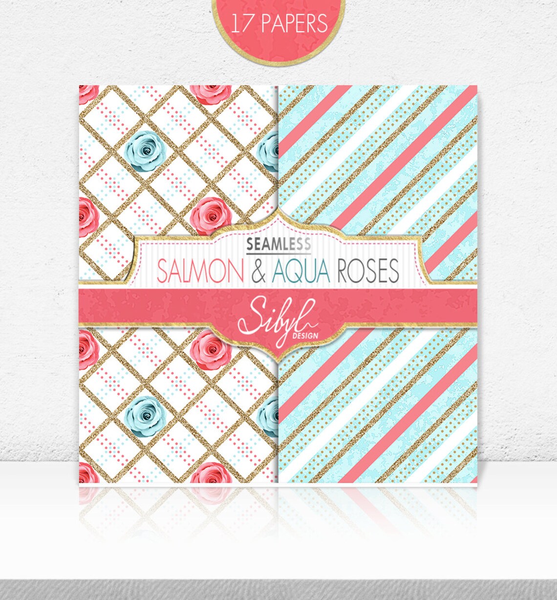 Floral Digital Paper Salmon Pink and Aqua Roses Seamless - Etsy Canada