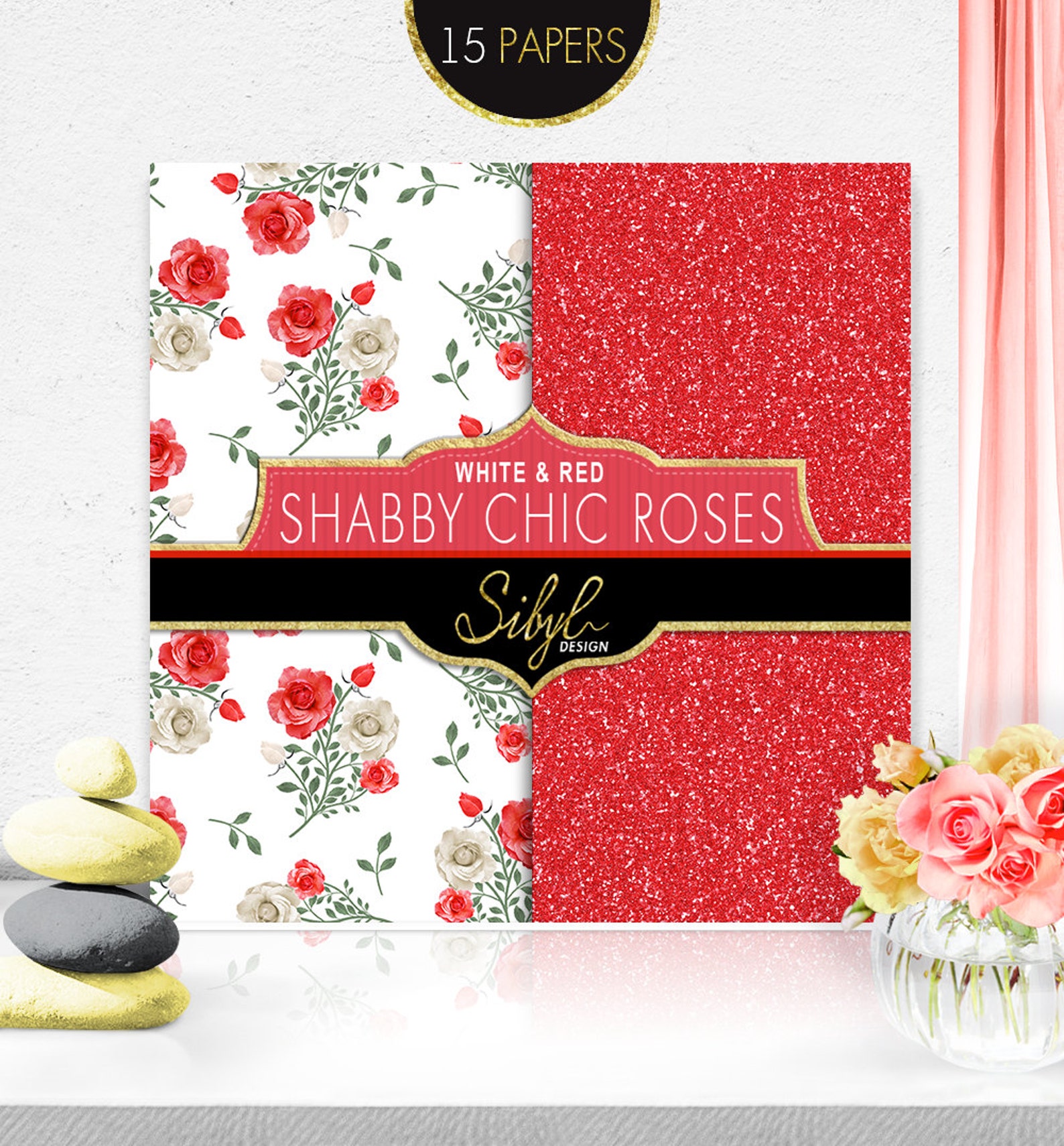 Floral Digital Paper Shabby Chic Red Roses Papers Wedding - Etsy