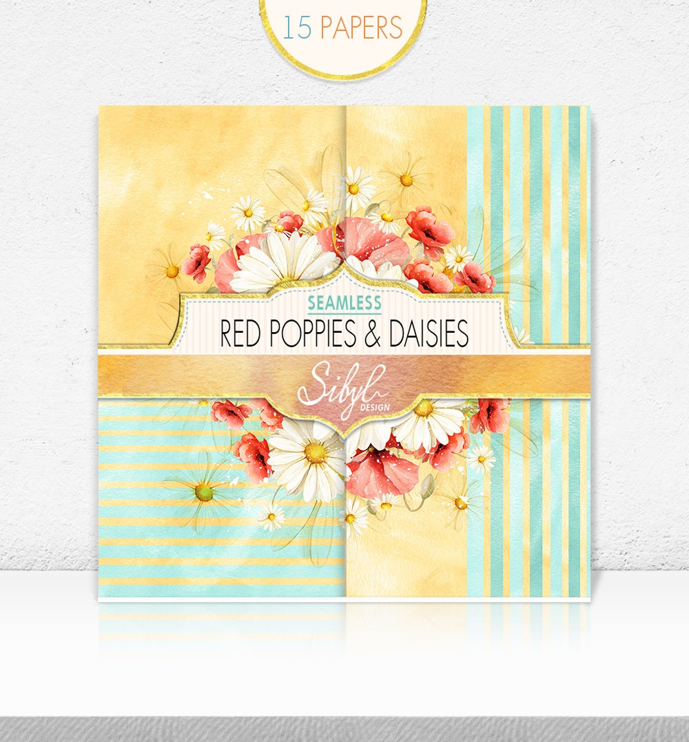 Digital Watercolor Floral Papers Red Poppy and Daisies Flower | Etsy