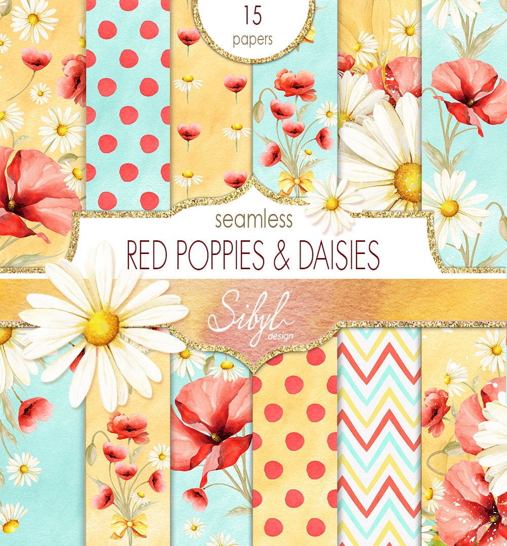 Digital Watercolor Floral Papers Red Poppy and Daisies Flower | Etsy