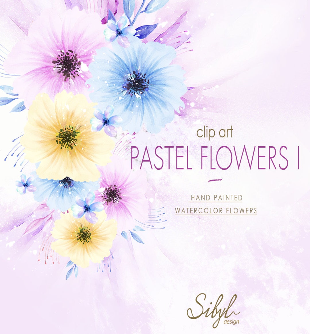 Digital Watercolor Floral Clipart, Pastel Flowers Bouquets, Watercolor ...