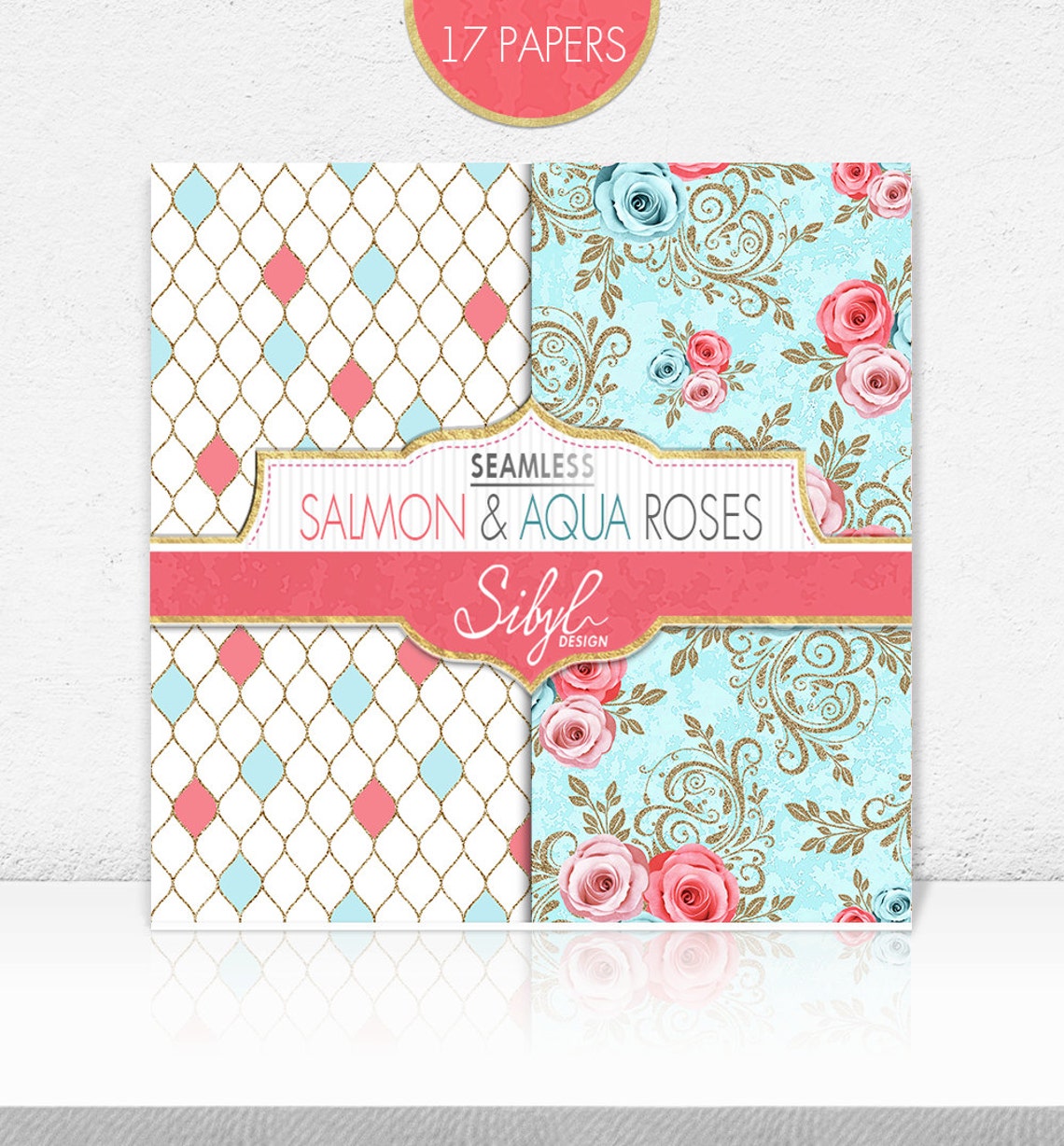 Floral Digital Paper, Salmon Pink and Aqua Roses Seamless Pattern ...