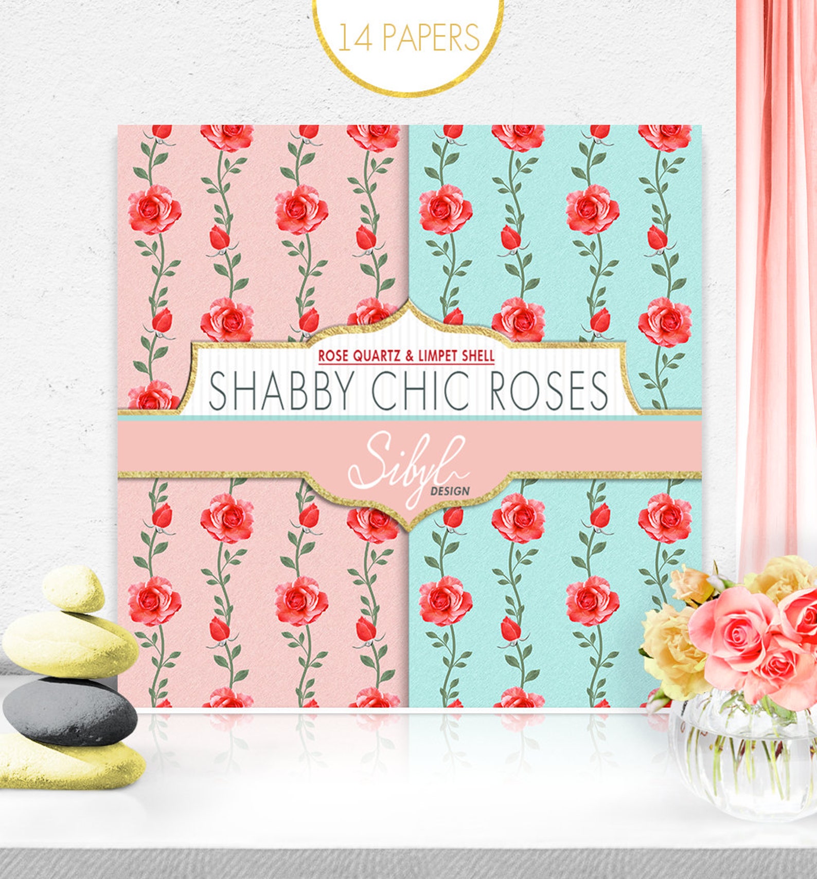 Floral Digital Paper, Shabby Chic Digital Paper, Shabby Chic Rose ...