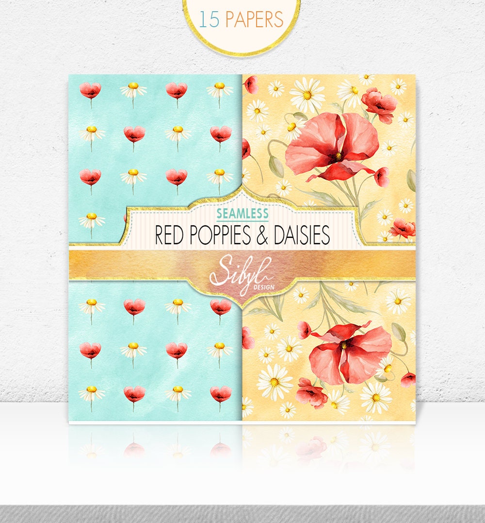 Digital Watercolor Floral Papers Red Poppy and Daisies Flower | Etsy