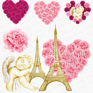 Valentine Clipart, Watercolor Romantic Clipart, Love Clipart, Bonjour ...