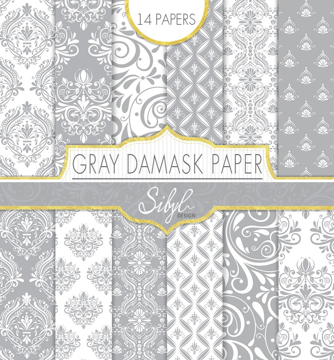 Damask Digital Paper, Gray Damask Wedding Digital Paper, Gray and White ...