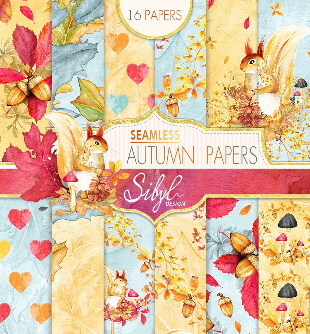 Digital Fall Paper Pack, Watercolor Autumn Seamless Pattern, Hand ...