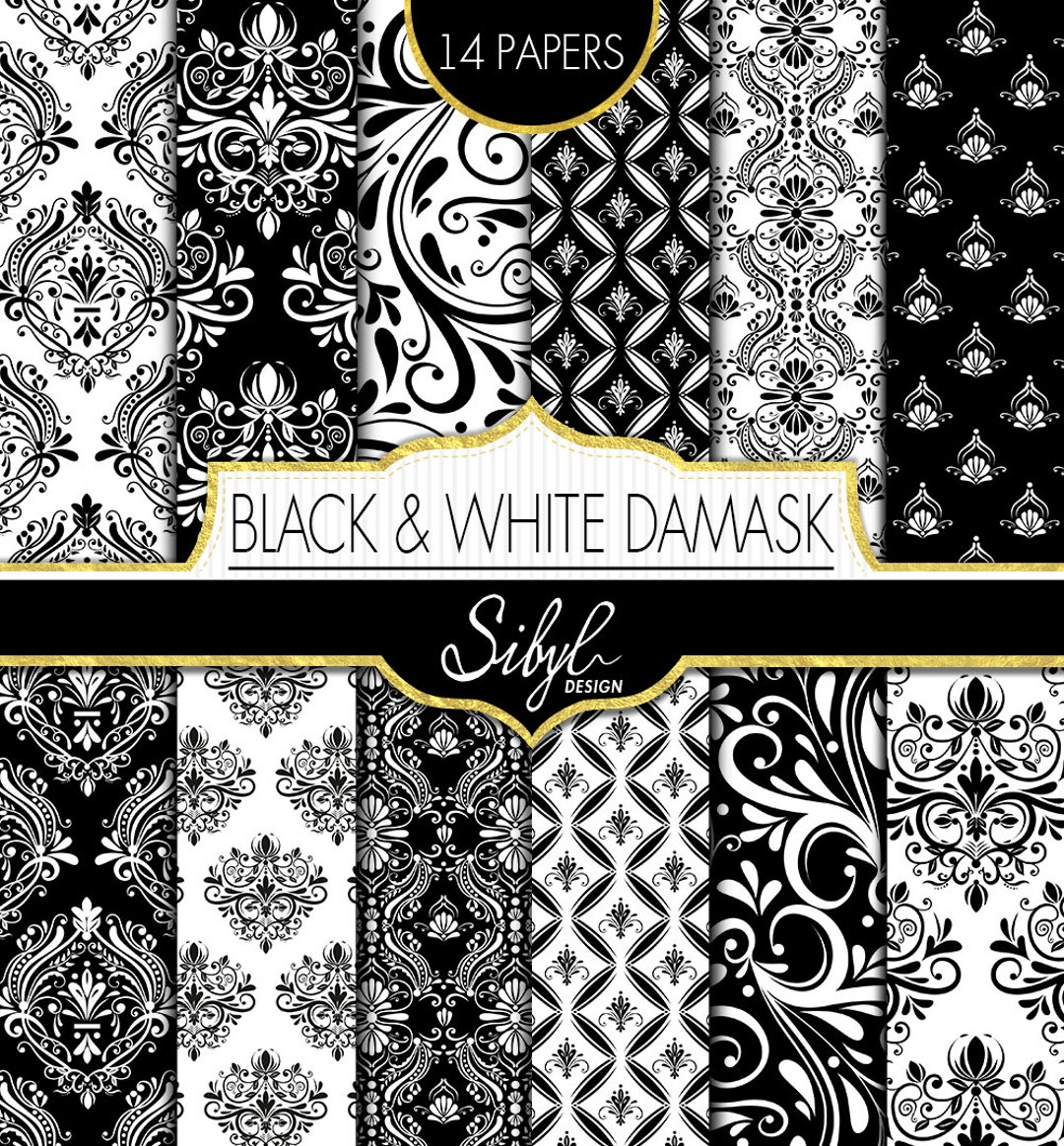White and Black Damask Digital Paper, Damask Collage Sheet, Floral ...