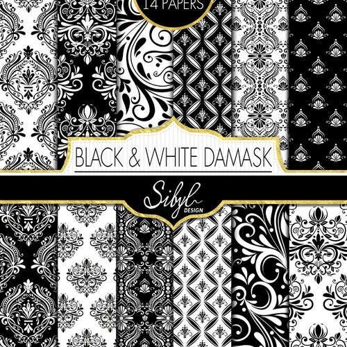 Damask Digital Paper Black and White Damask Paper 12x12 - Etsy