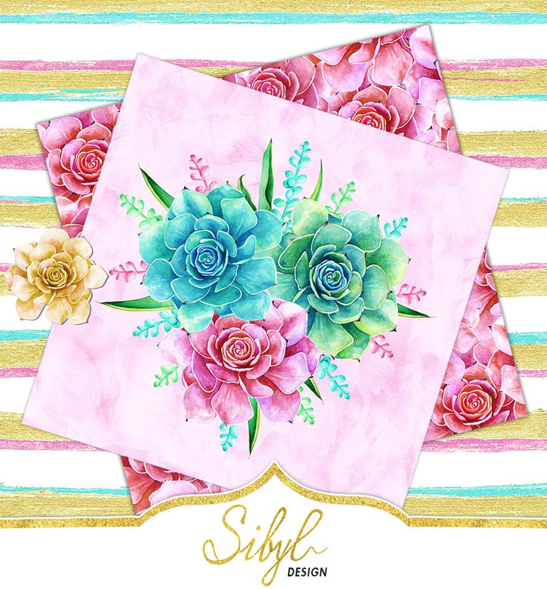 Digital Floral Paper, Watercolor Succulent Papers II, Digital Cactus ...