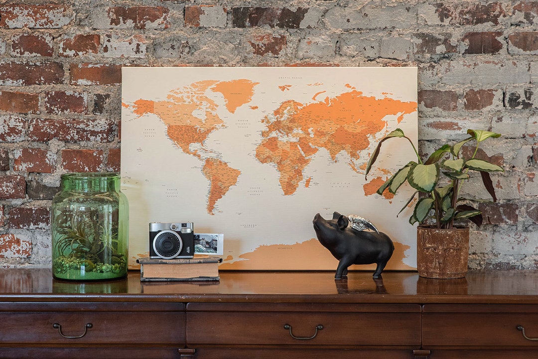 World Map on Canvas/push Pin Map on Canvas/100 Push Pins Included ...