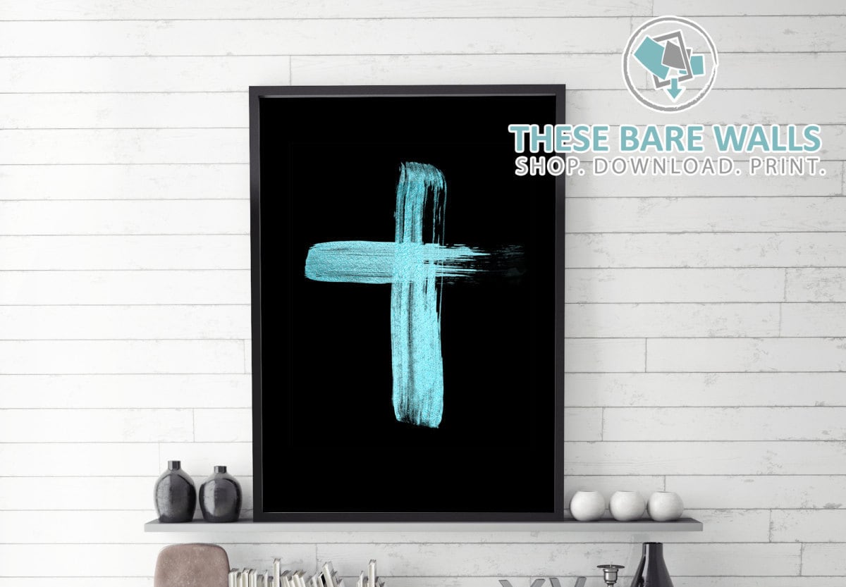Teal Blue Cross on Black, Religious Art, Cross Home Decor, Teal Room ...