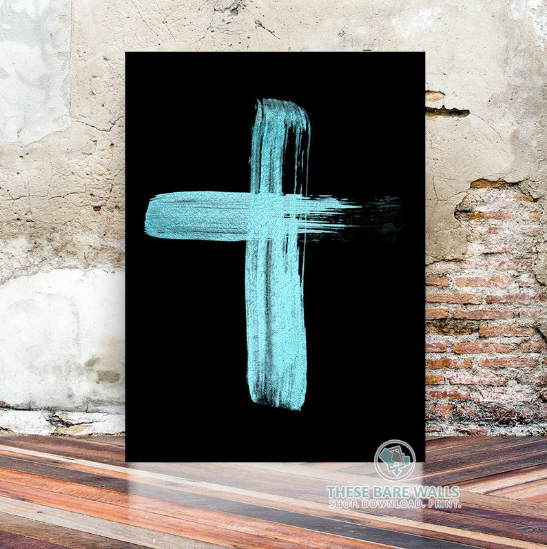 Teal Blue Cross on Black, Religious Art, Cross Home Decor, Teal Room ...