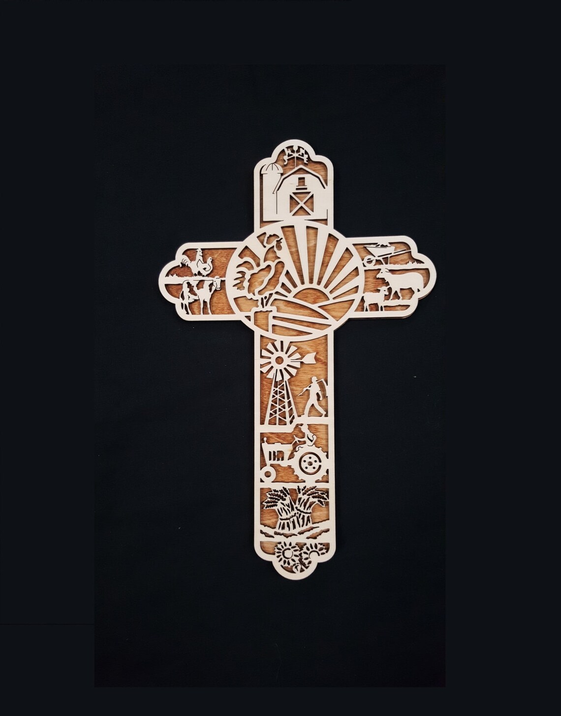 Small Farm Themed Wooden Cross Wall Decor- Laser Cut Birch Wood - Etsy